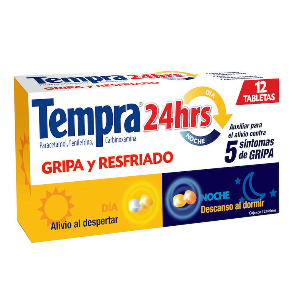 Tempra 24Hrs Gripa Y Resfriado 12 Tabletas – Farmacia Coyoacán