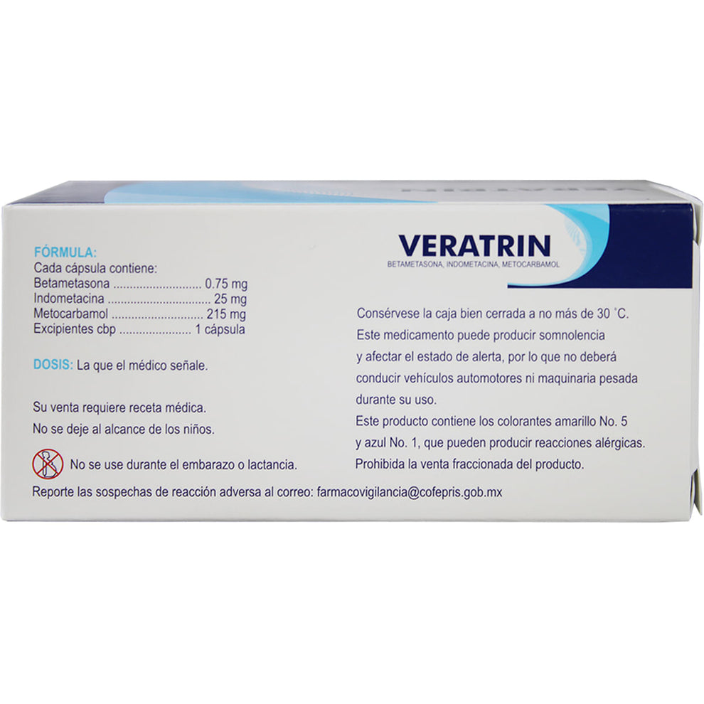 Veratrin Betametasona/Indometacina 0.75/25/215 Mg 20 Cápsulas Genérico ...
